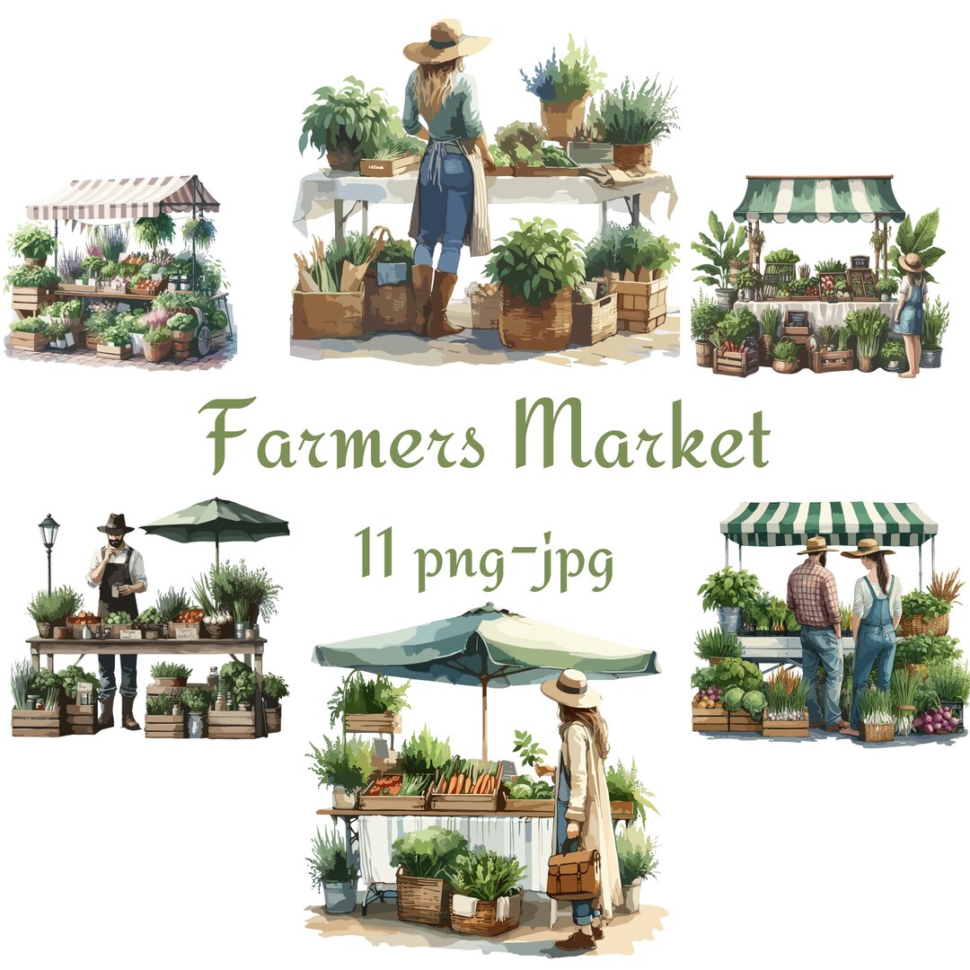 11 Farmers Market Clipart, Watercolor Herbs Stand Clip Art, Watercolor ...