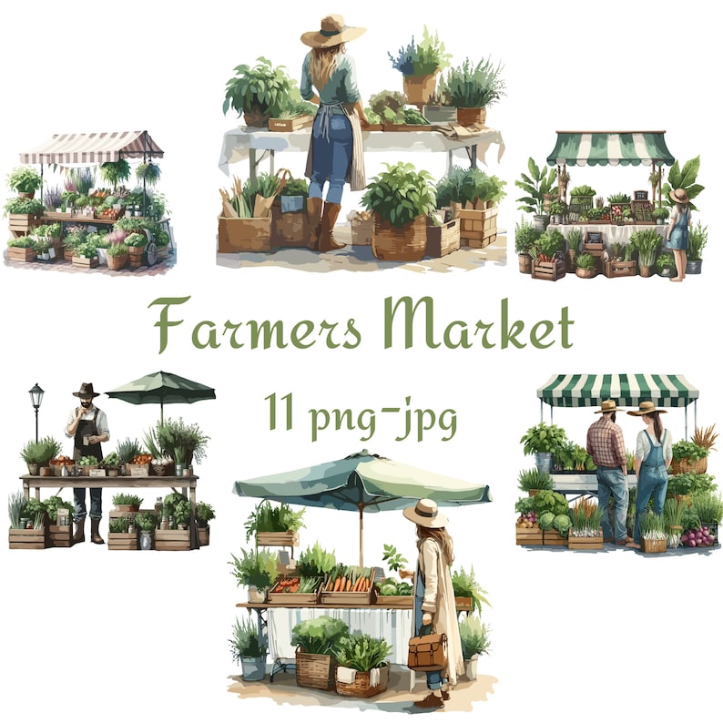 11 Farmers Market Clipart, Watercolor Herbs Stand Clip Art, Watercolor ...