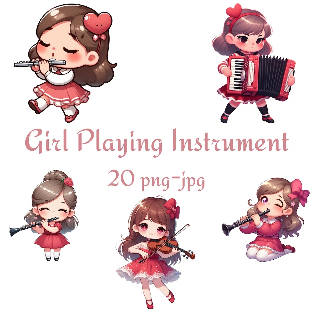 20 Valentine's Day Girl Instrument Clipart, Cute Girls Playing Various ...