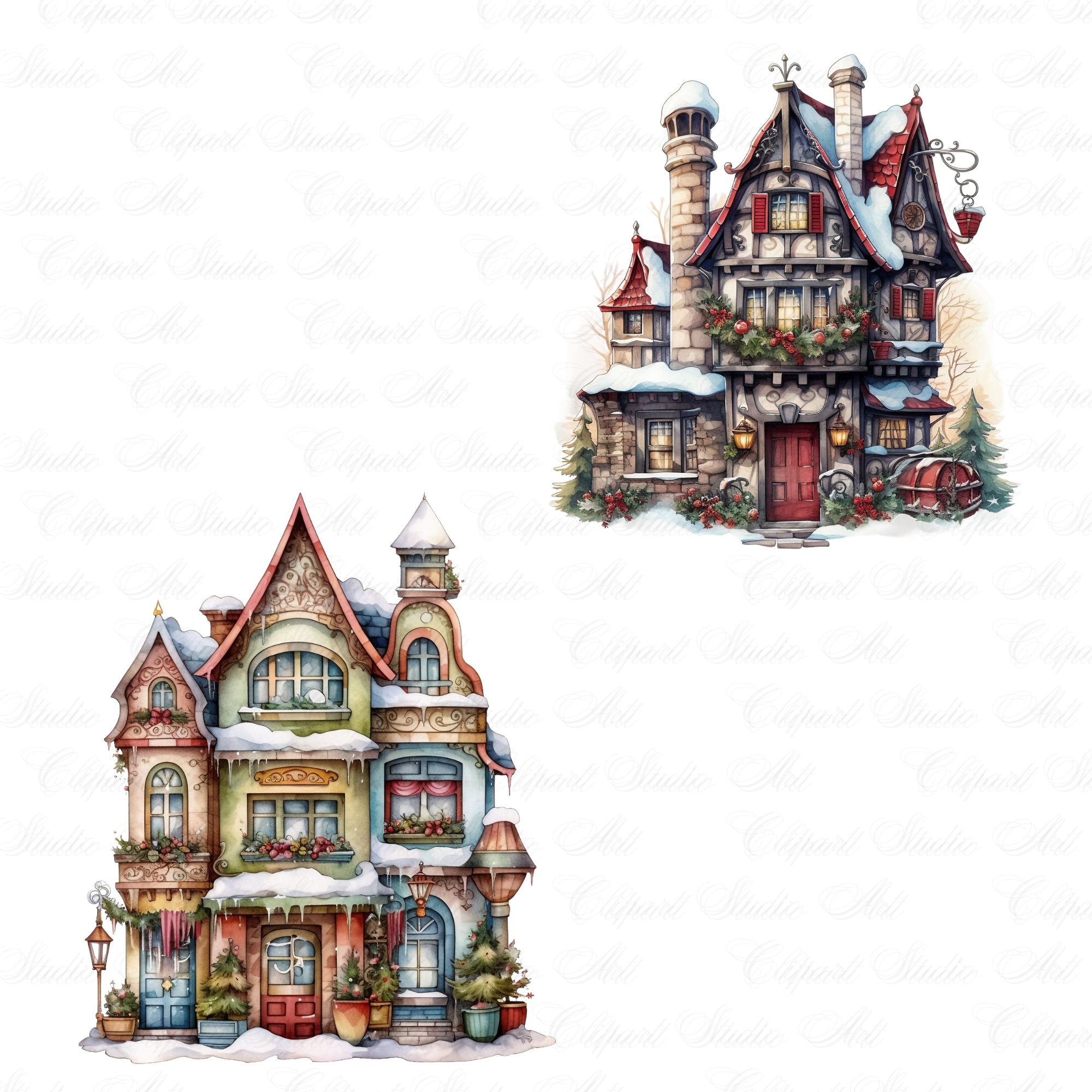 10 Christmas Watercolor House Clipart, Christmas Snowy House Clipart ...
