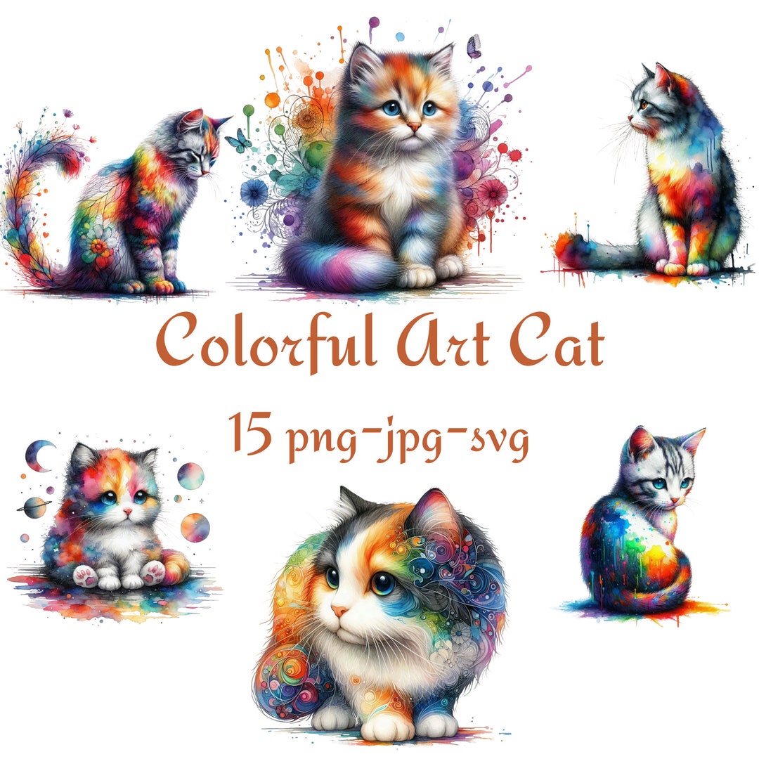 15 Colorful Art Cat Clipart, Colorful Cute Cats Clipart, Watercolor ...