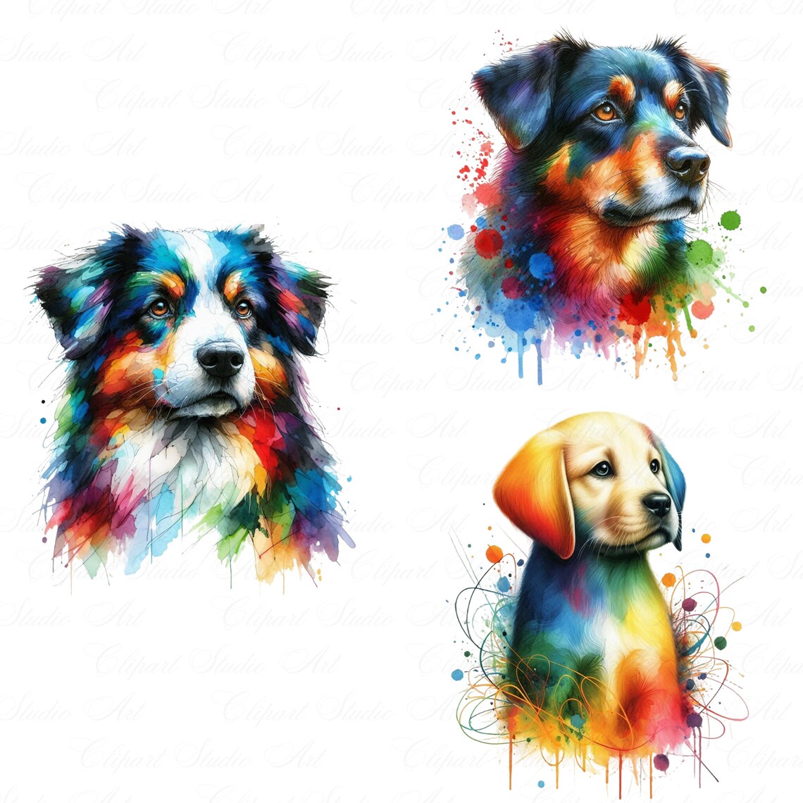 17 Colorful Art Dog Clipart, Colorful Cute Dogs Clipart, Watercolor ...