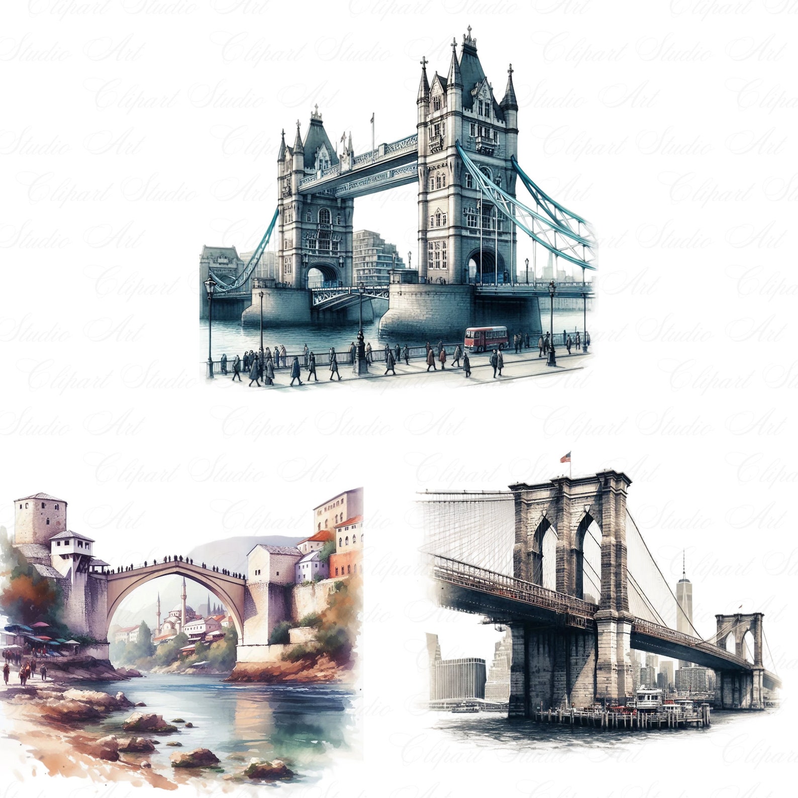 19 Iconic Bridges Clipart, Icons of Cities Clipart, Watercolor Iconic ...