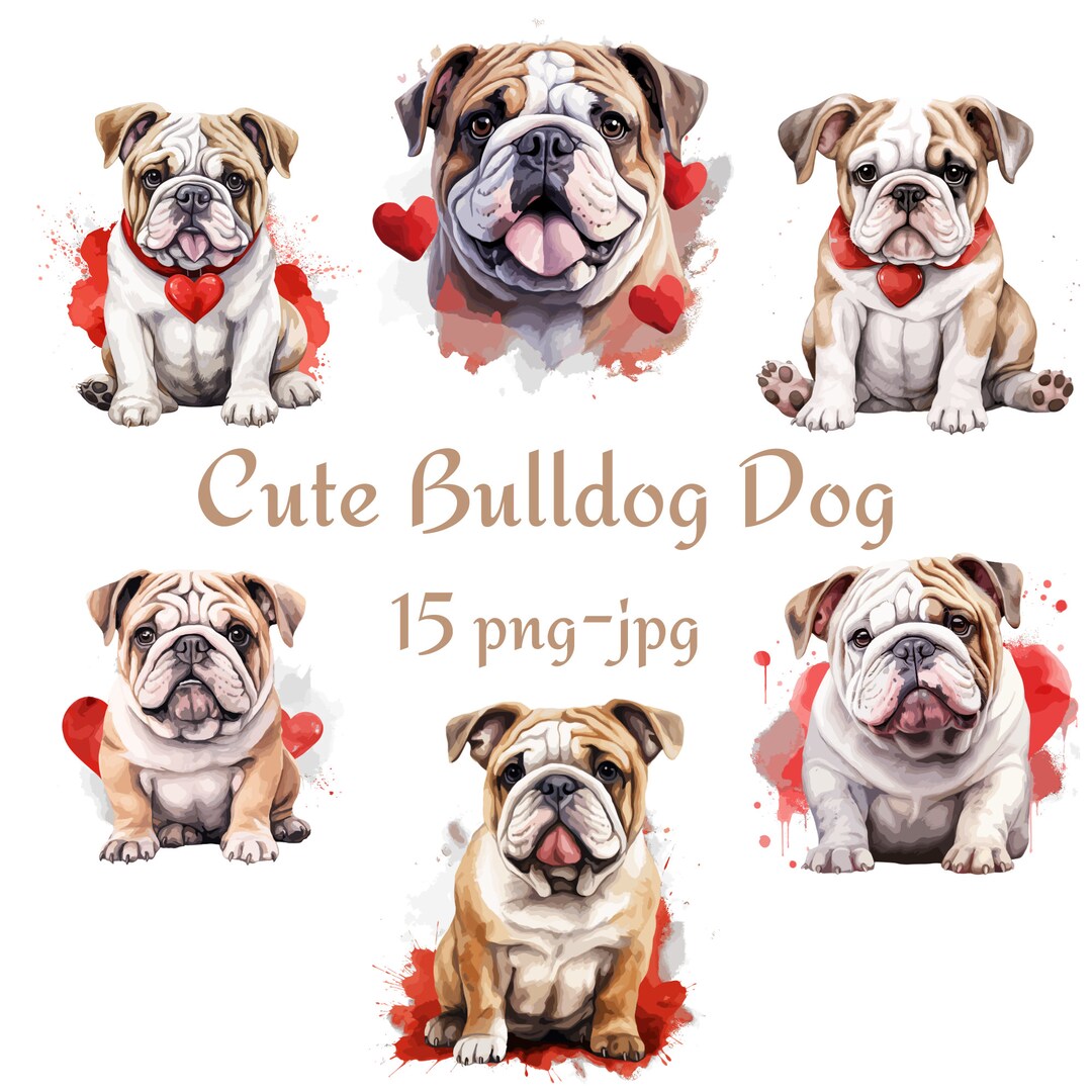15 Cute Bulldog Dog Clipart, Cute Heart Bulldog Dog Clipart, Watercolor ...