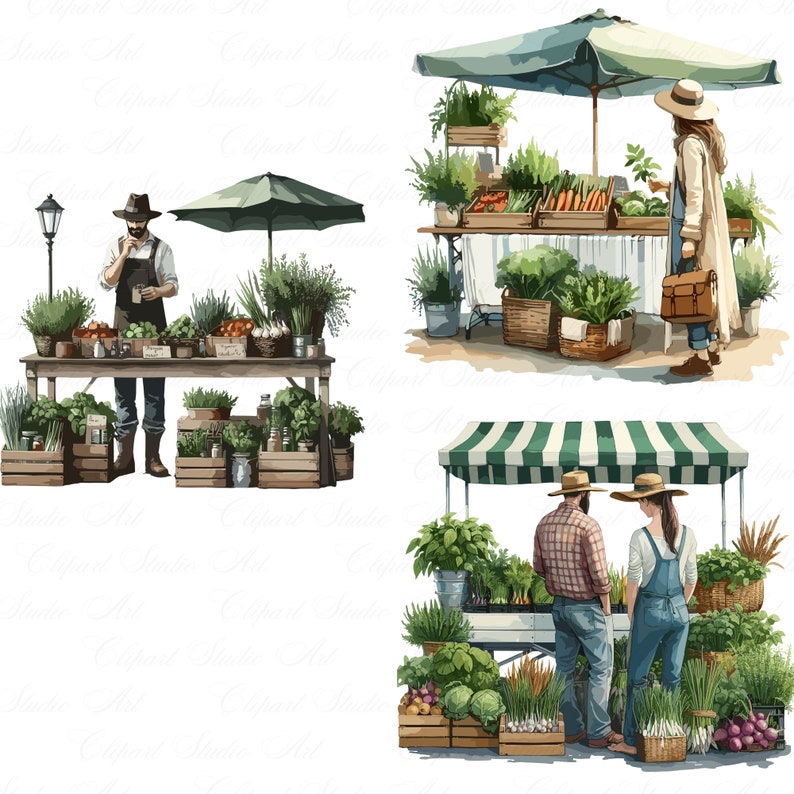 11 Farmers Market Clipart, Watercolor Herbs Stand Clip Art, Watercolor ...