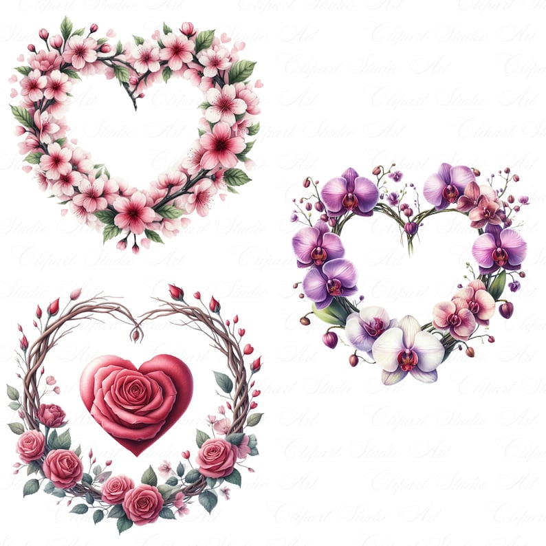 20 Mothers Day Heart Shaped Wreaths Clipart, Heart Cherry Blossom, Rose ...