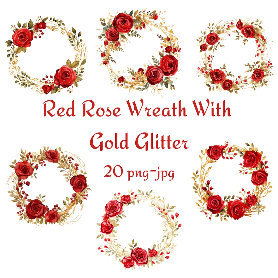 20 Red Rose Wreath With Gold Glitter Clipart, Wedding Bridal Shower Red ...