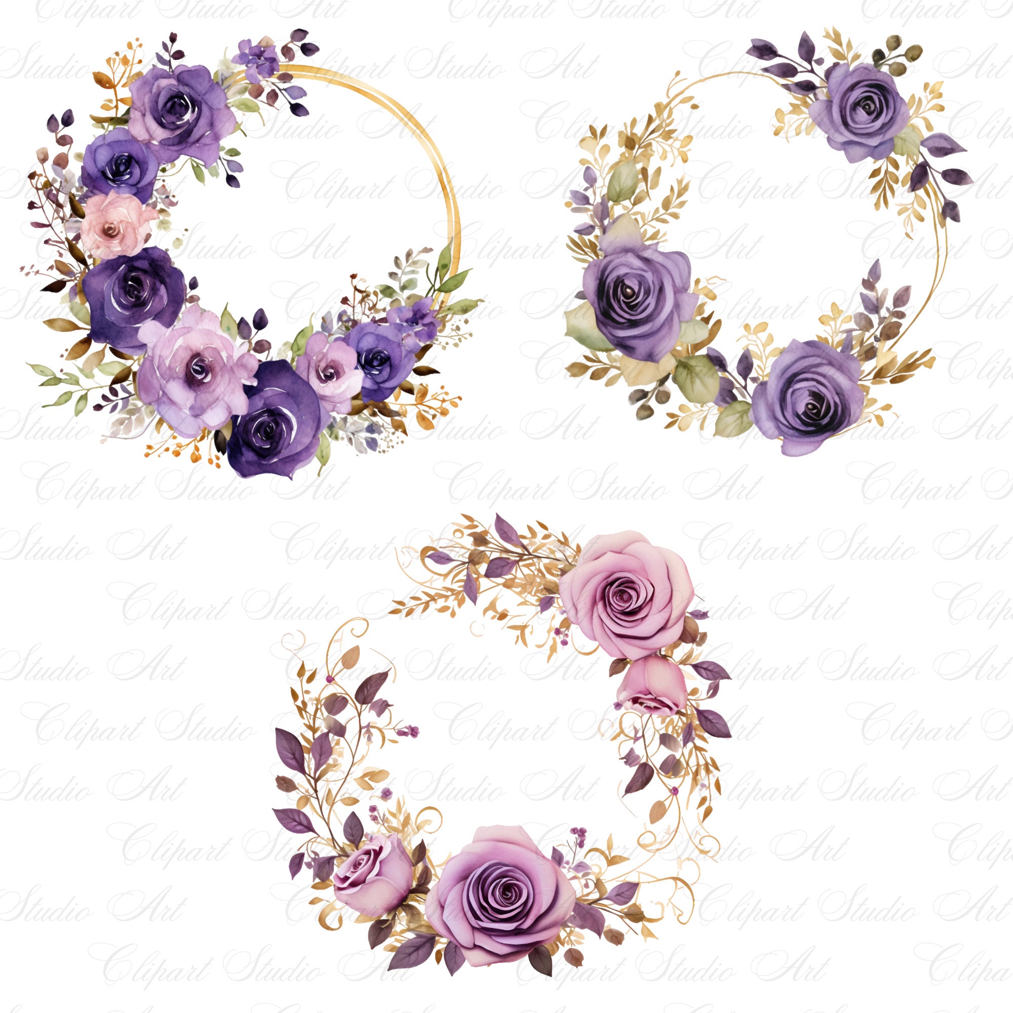 20 Purple Rose Wreath With Gold Glitter Clipart, Wedding Bridal Shower ...