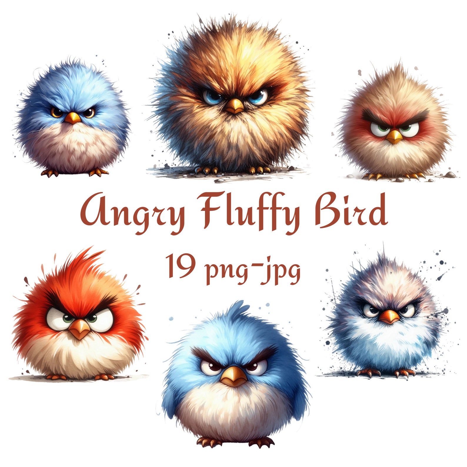 19 Angry Fluffy Bird Clipart, Grumpy Birds Clipart, Watercolor Angry ...