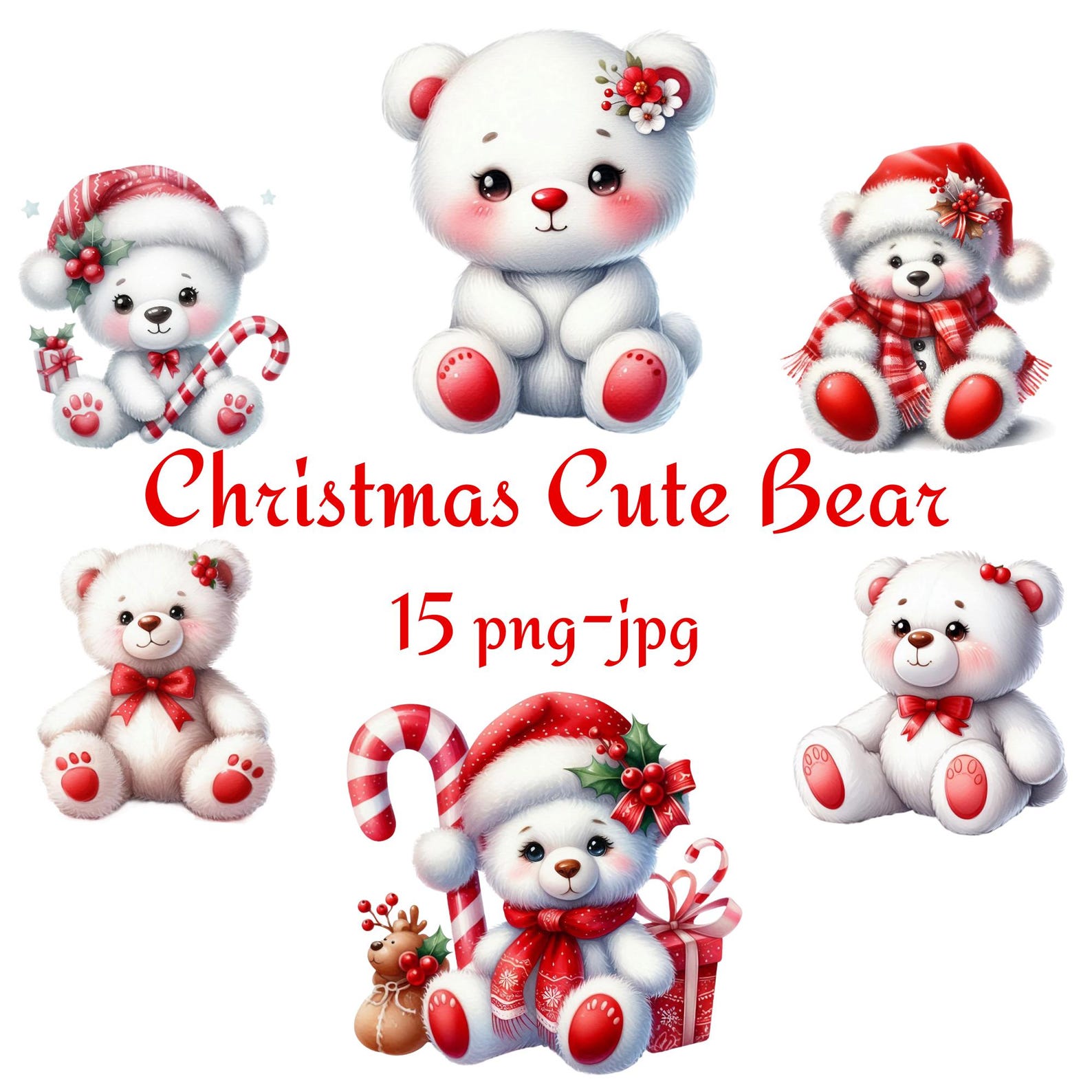 15 Christmas Cute Bear Clipart, Merry Christmas Clipart, Watercolor New ...