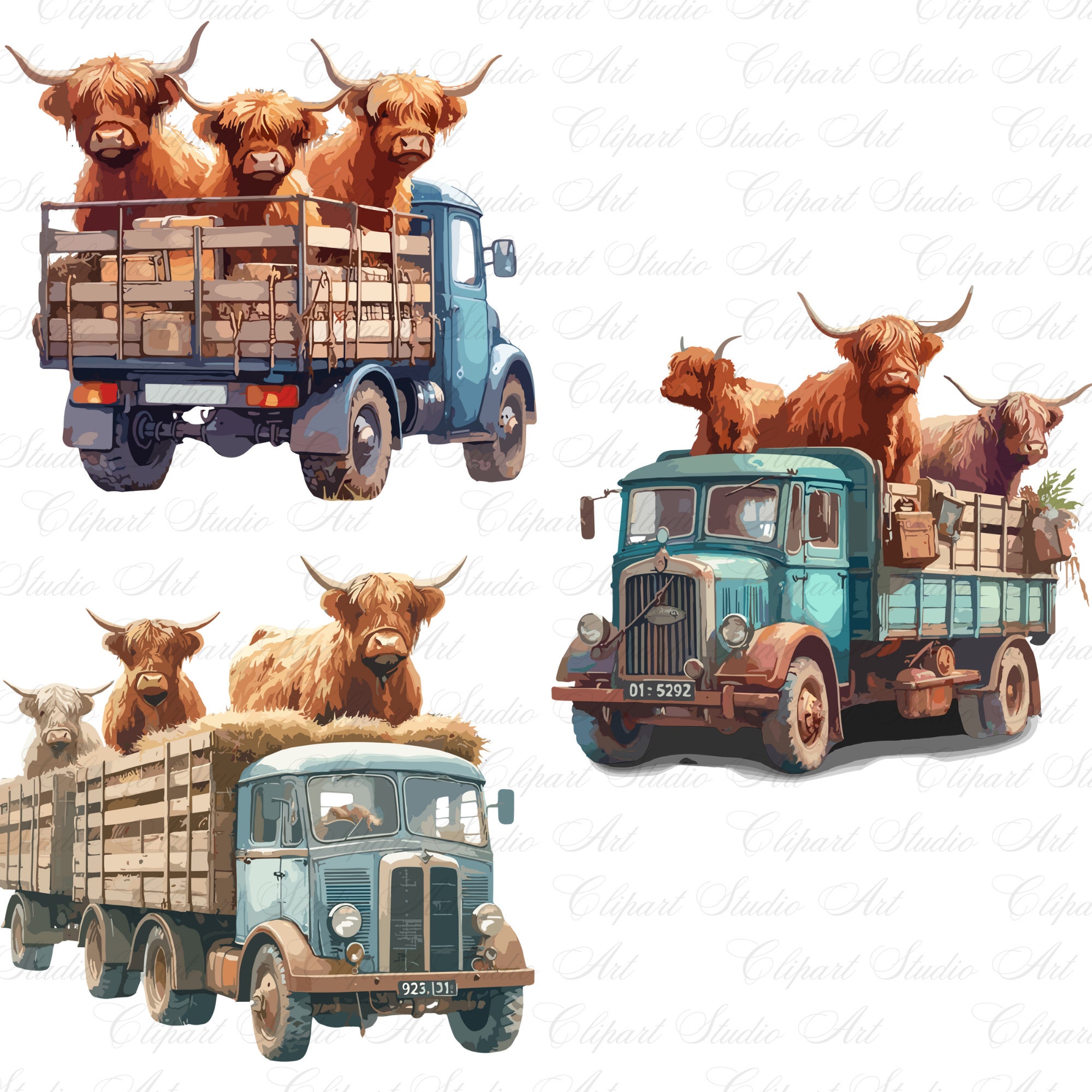 Farm Truck and Cows Clipart, Three Highland Cows Behind the Farm Truck ...
