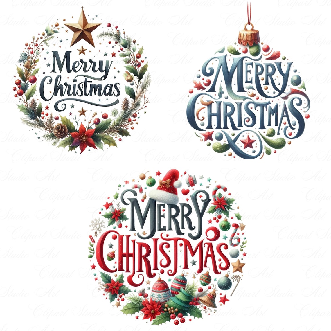 18 Merry Christmas Clipart, Merry Christmas Text Clipart, Watercolor ...