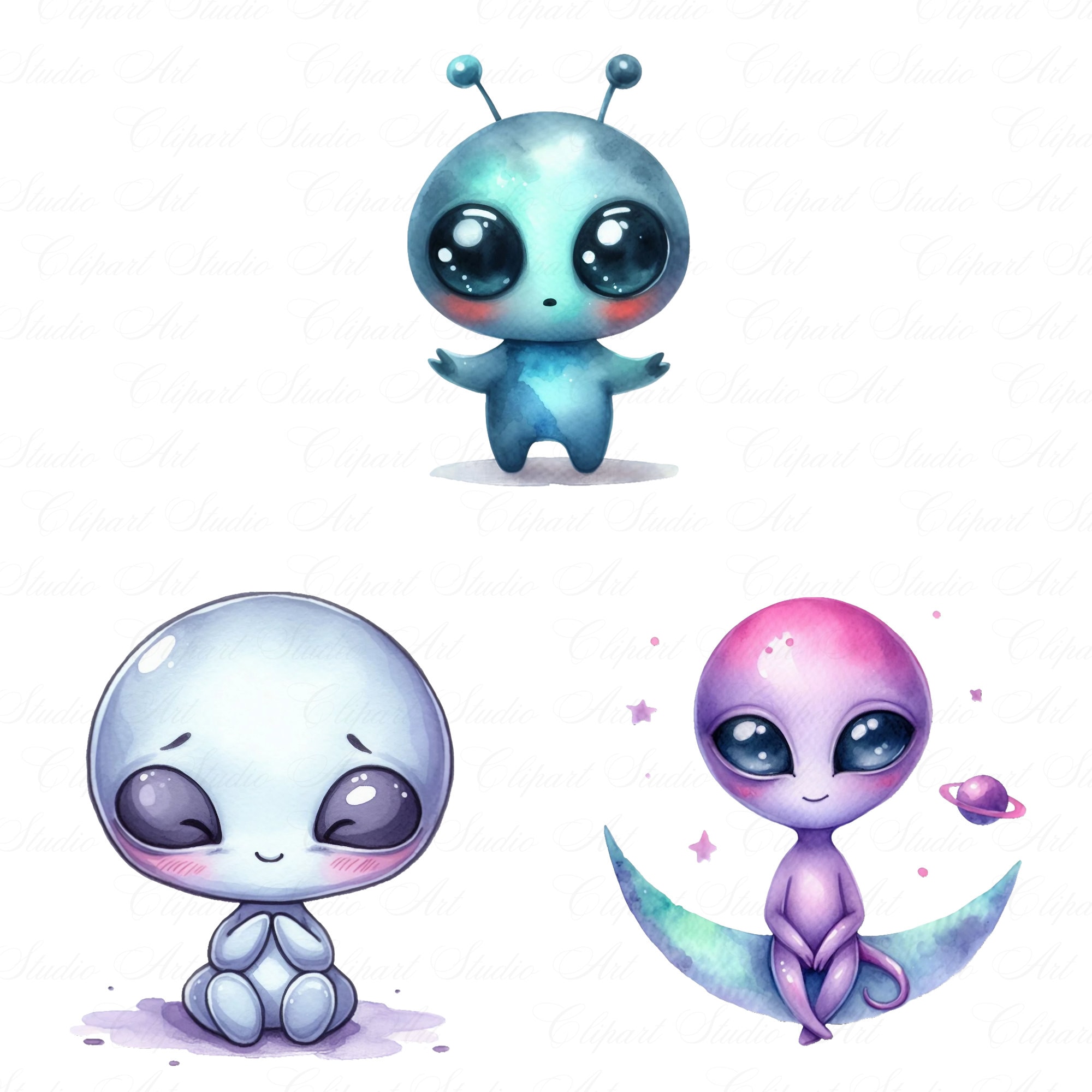 22 Cute Aliens Clipart, Cute Creatures Clipart, Watercolor Baby Aliens ...