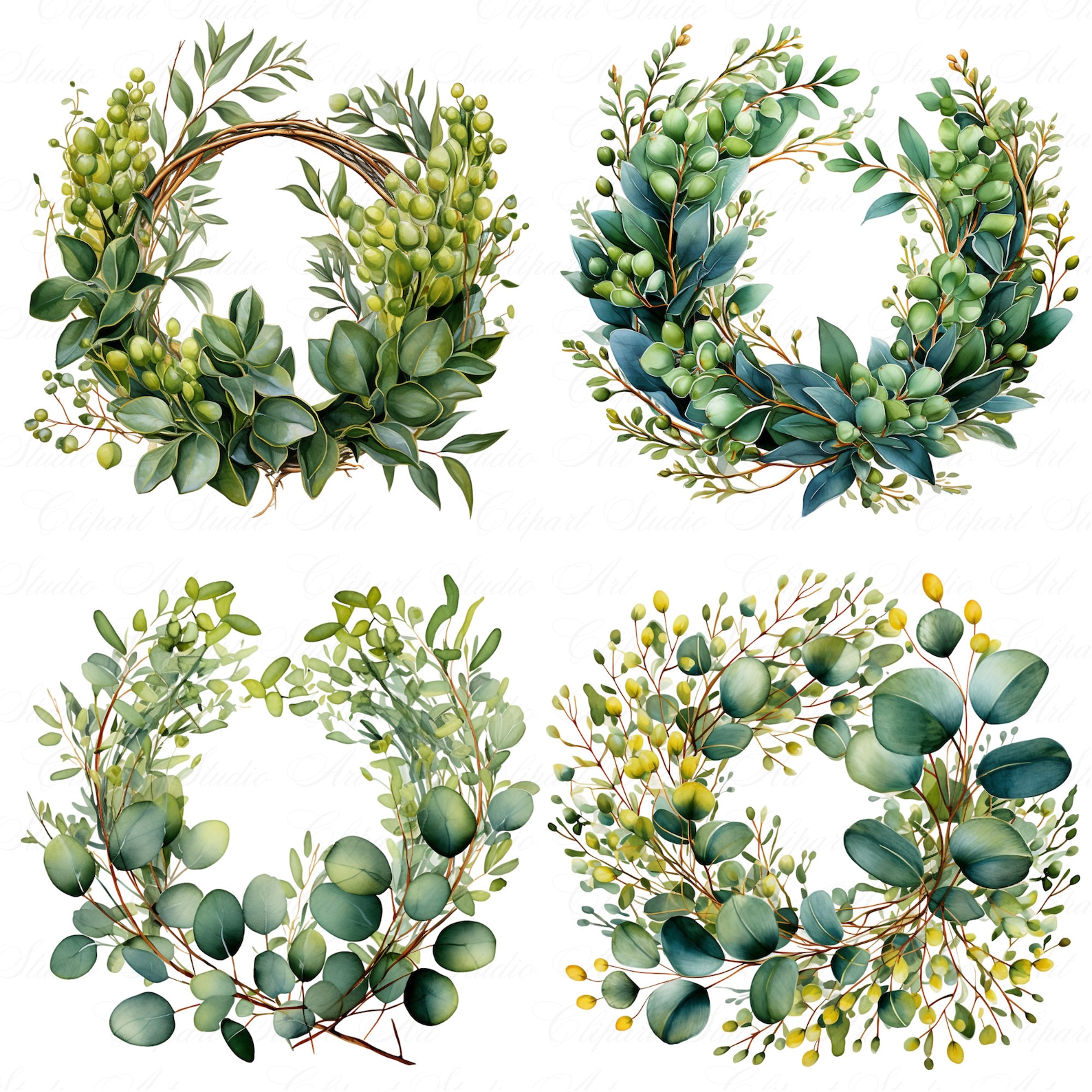 13 Green Gold Eucalyptus Garland Clipart, Eucalyptus & Gold Wreath ...