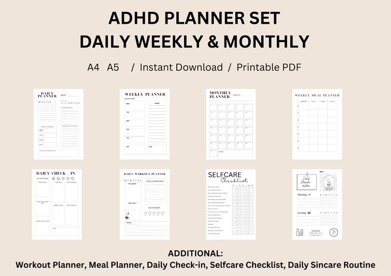 ADHD Planner Printable Set, Daily Planner, Weekly Planner, Monthly ...