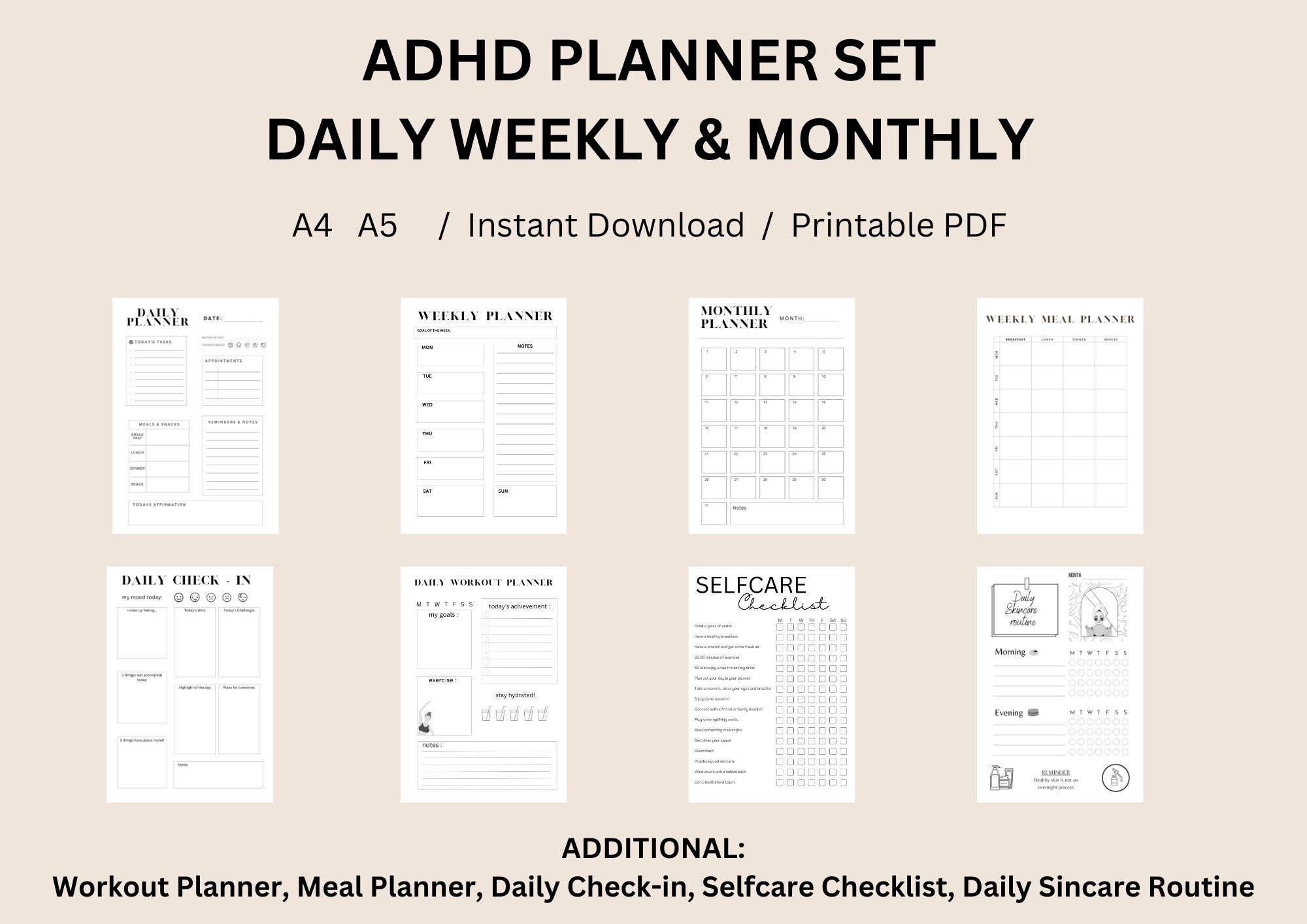 ADHD Planner Printable Set, Daily Planner, Weekly Planner, Monthly ...