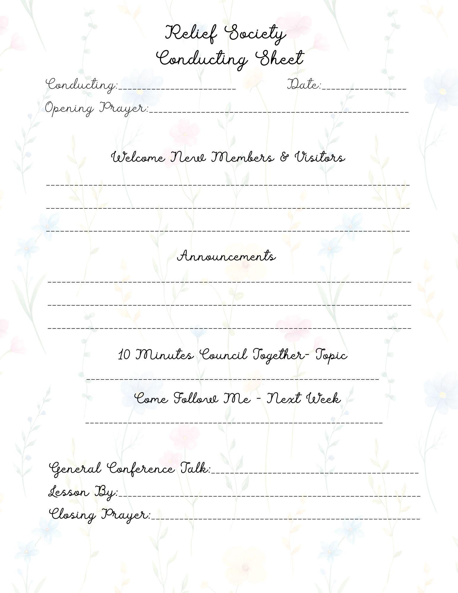 Relief Society Conducting Sheet; Date; Conducting; Announcements ...