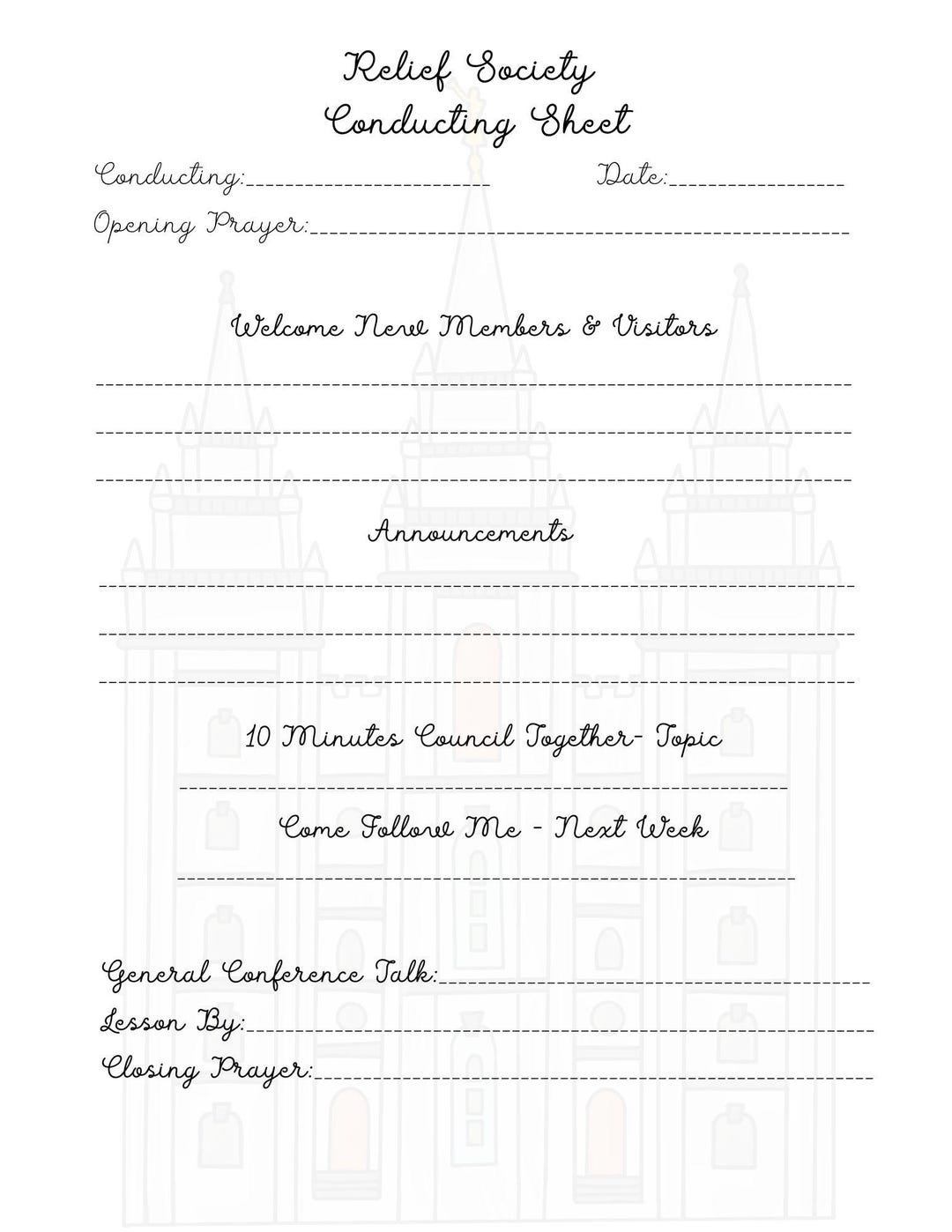 Relief Society Conducting Sheet; Temple Background; Come Follow Me - Etsy
