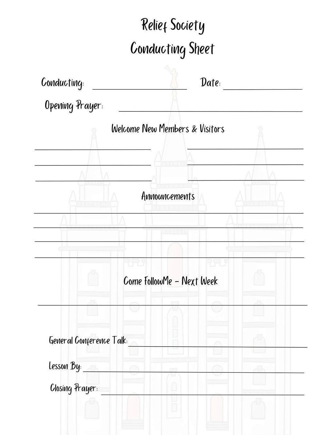 Relief Society Conducting Sheet Temple Background Come Follow Me - Etsy