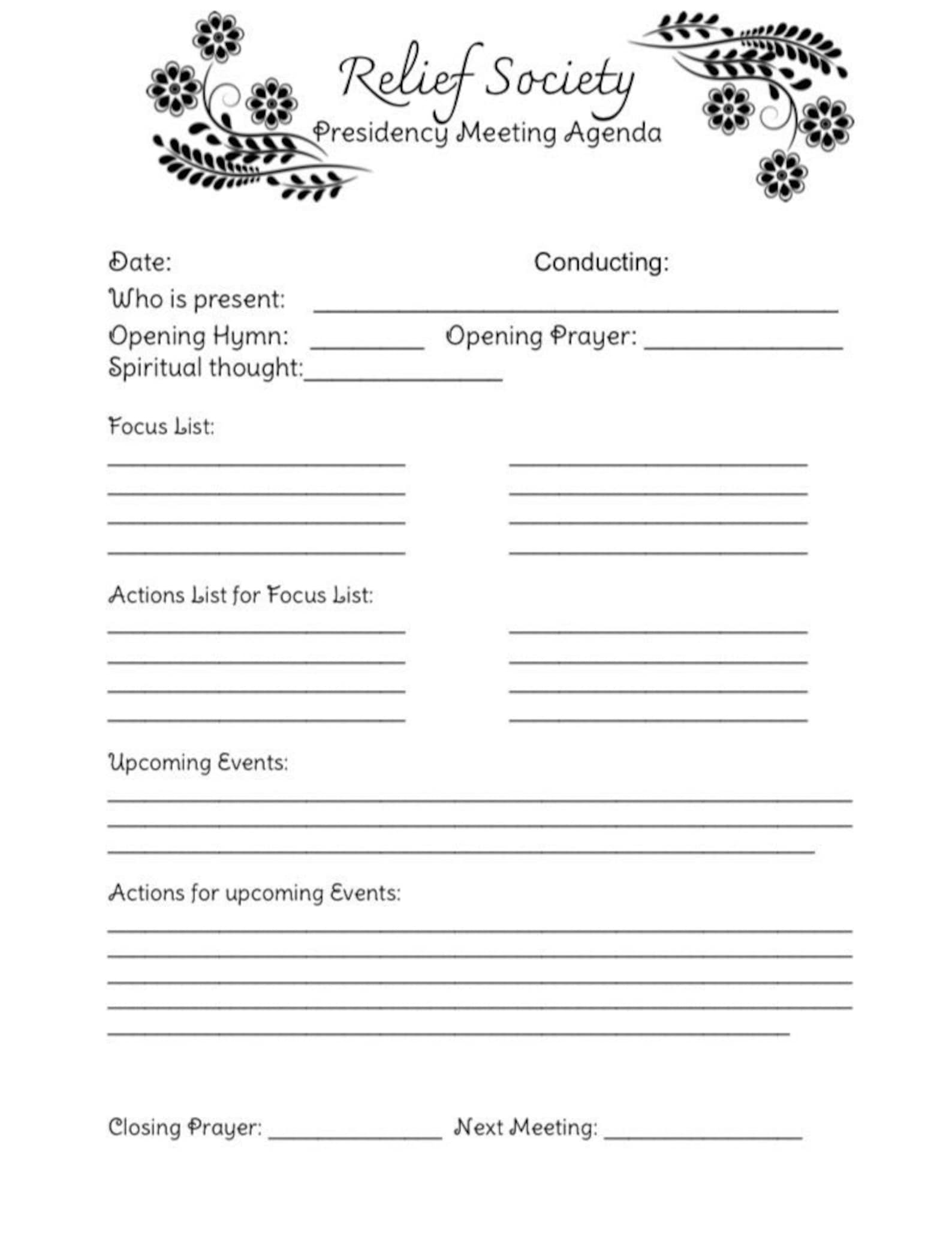 Relief Society Presidency Meeting Agenda; Meeting Notes; Focus List ...