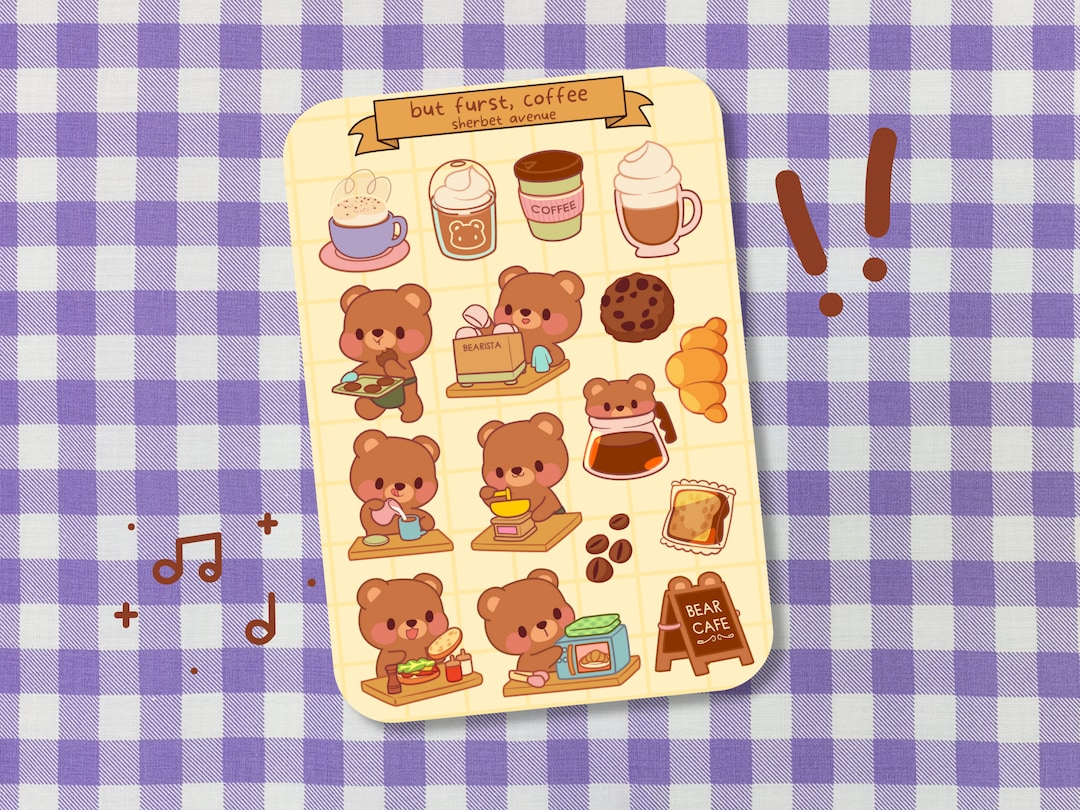Coffee Bear Sticker Sheet - Cute Waterproof Decals - Kawaii Kiss Cut ...