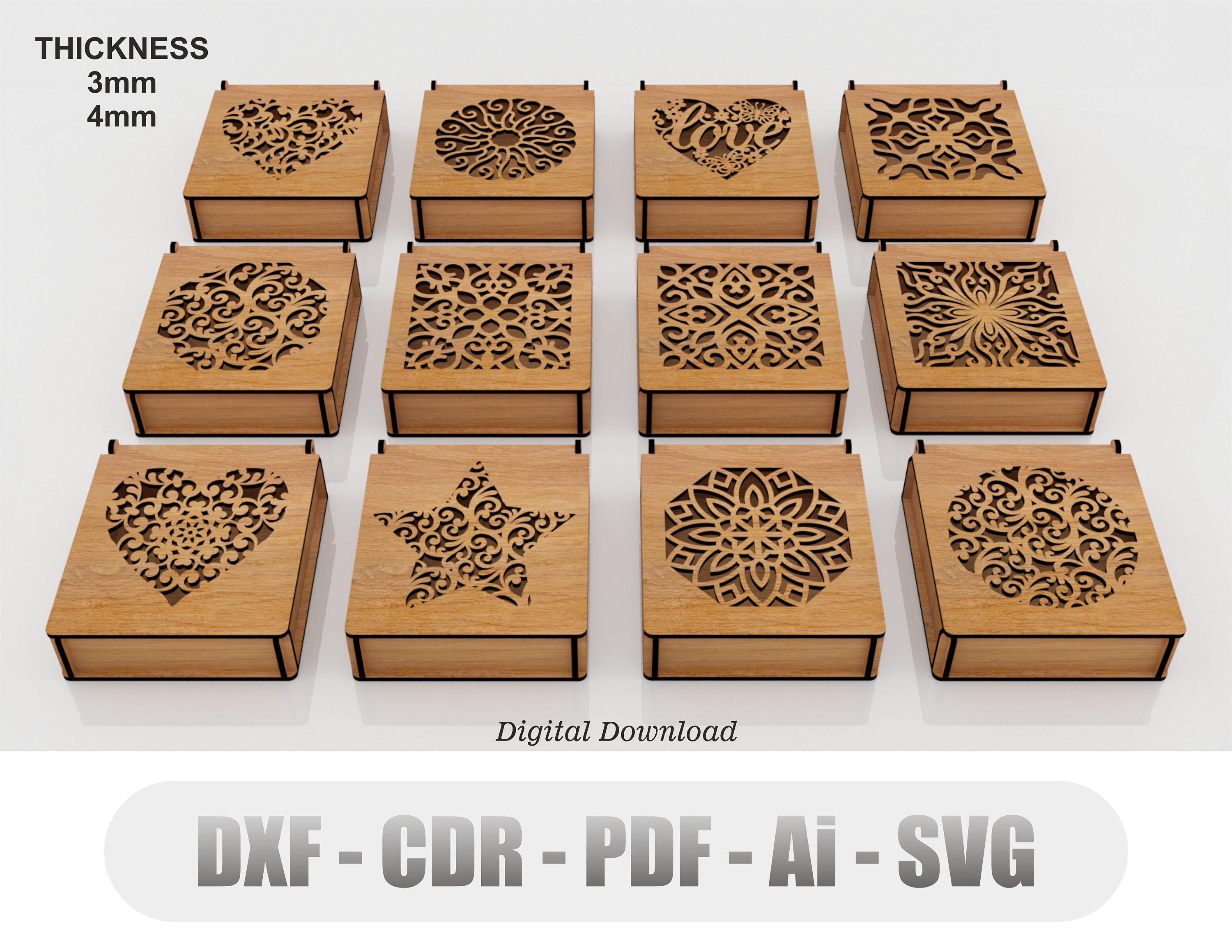 Decorative Gift Box 12 Different Patterns Laser Cutting Files, Jewelry ...