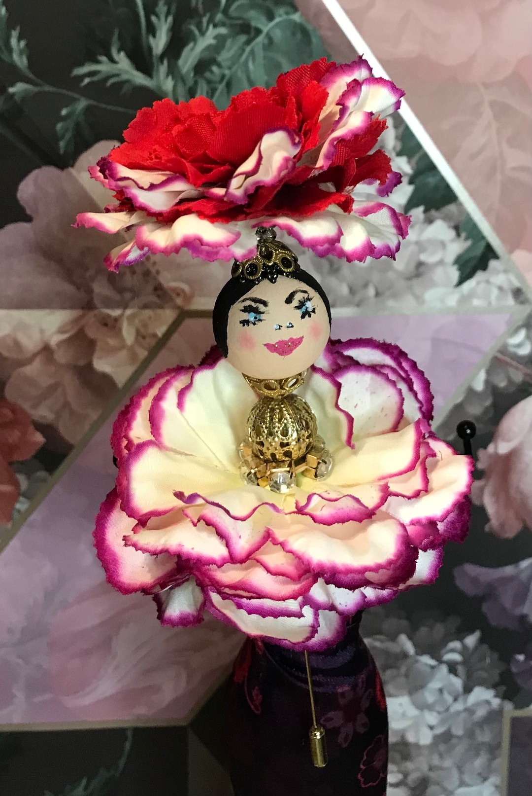 Bespoke Hand Painted Doll and Floral/carnation Hat Pin Handmade / Hand ...