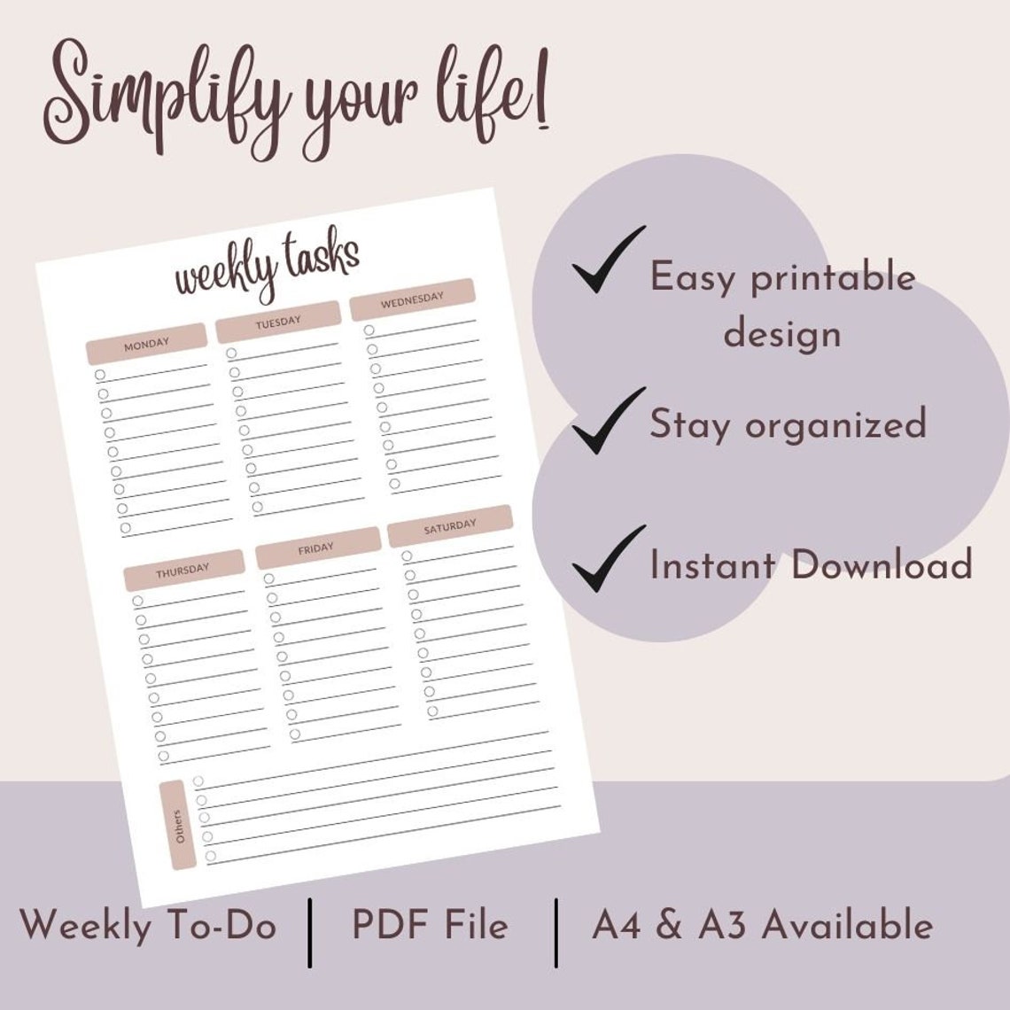 Weekly Tasks Printable Digital Download Daily To-do Lists Errands ...