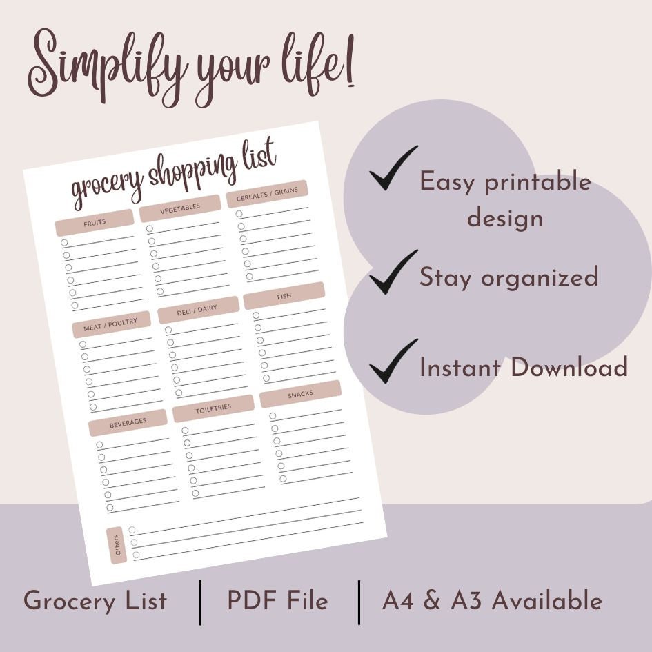 Grocery List Printable Simple Layout Easy to Use Family Planner Weekly ...