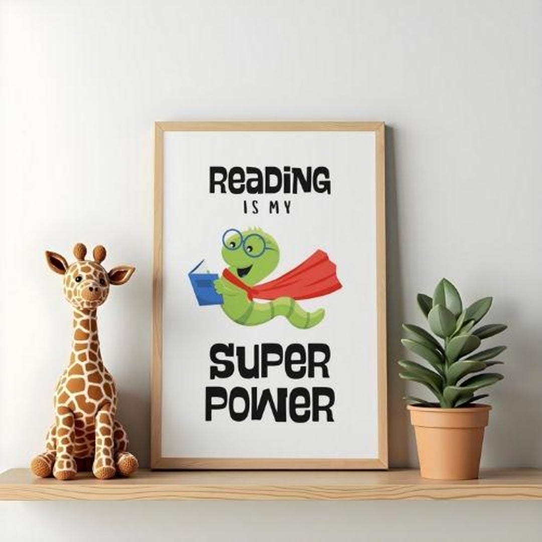 Wall Art for Kids • Reading is My Super Power • Bookworm Reading Poster ...