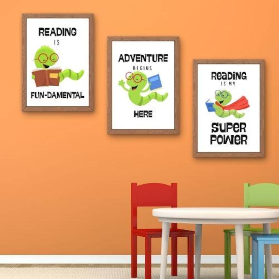 Wall Art for Kids • Bookworm Reading Posters • Set of 3 • Classroom ...
