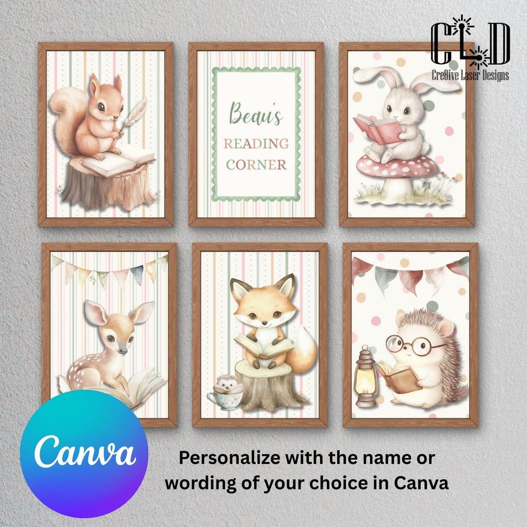 Customizable Reading Corner Prints, Woodland Animals With Books, Edit ...