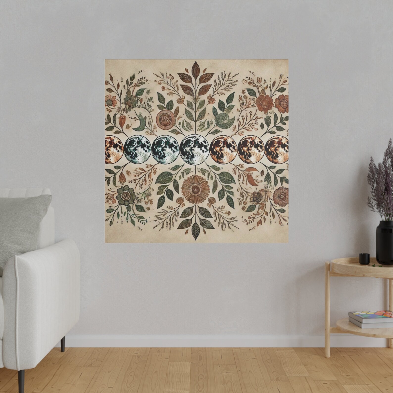 Boho Botanical Moon Phase Wall Art Print of Hand-painted Mystical Decor ...