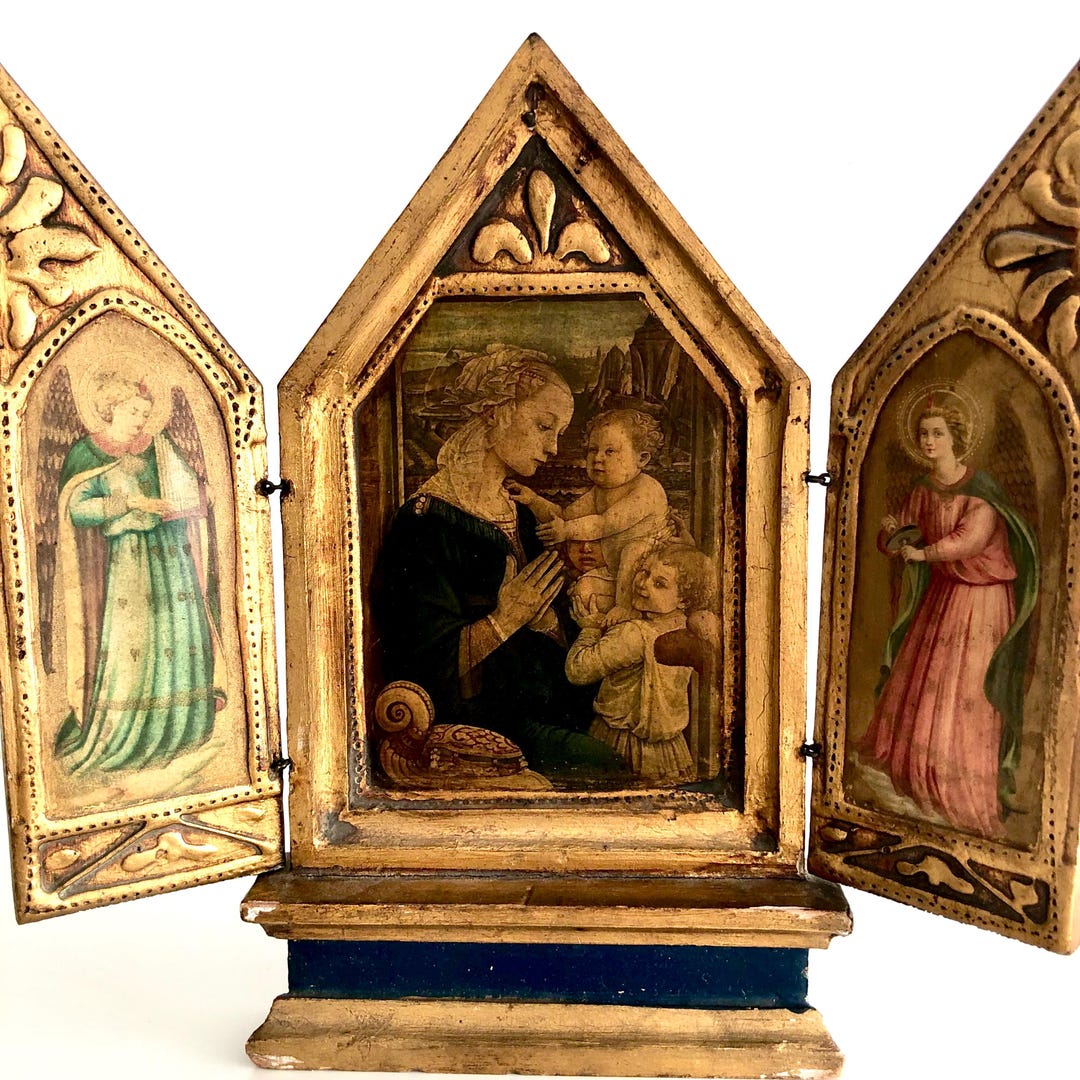 Italian Home Altar, Wooden Florentine Triptych With Holy Mary, Baby ...