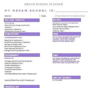 Student College Planner (dream School) - Etsy
