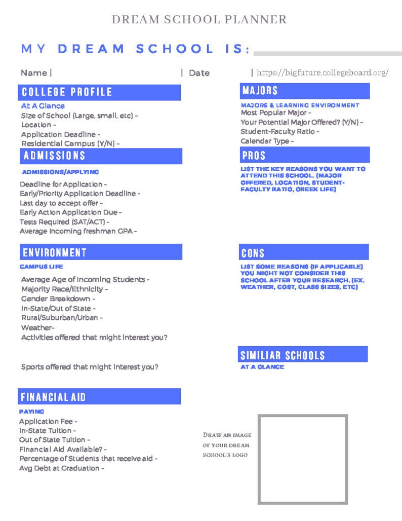 Student College Planner (dream School) - Etsy