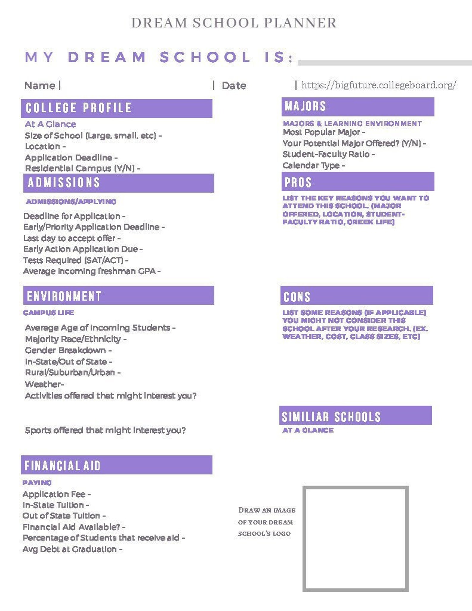 Student College Planner (dream School) - Etsy