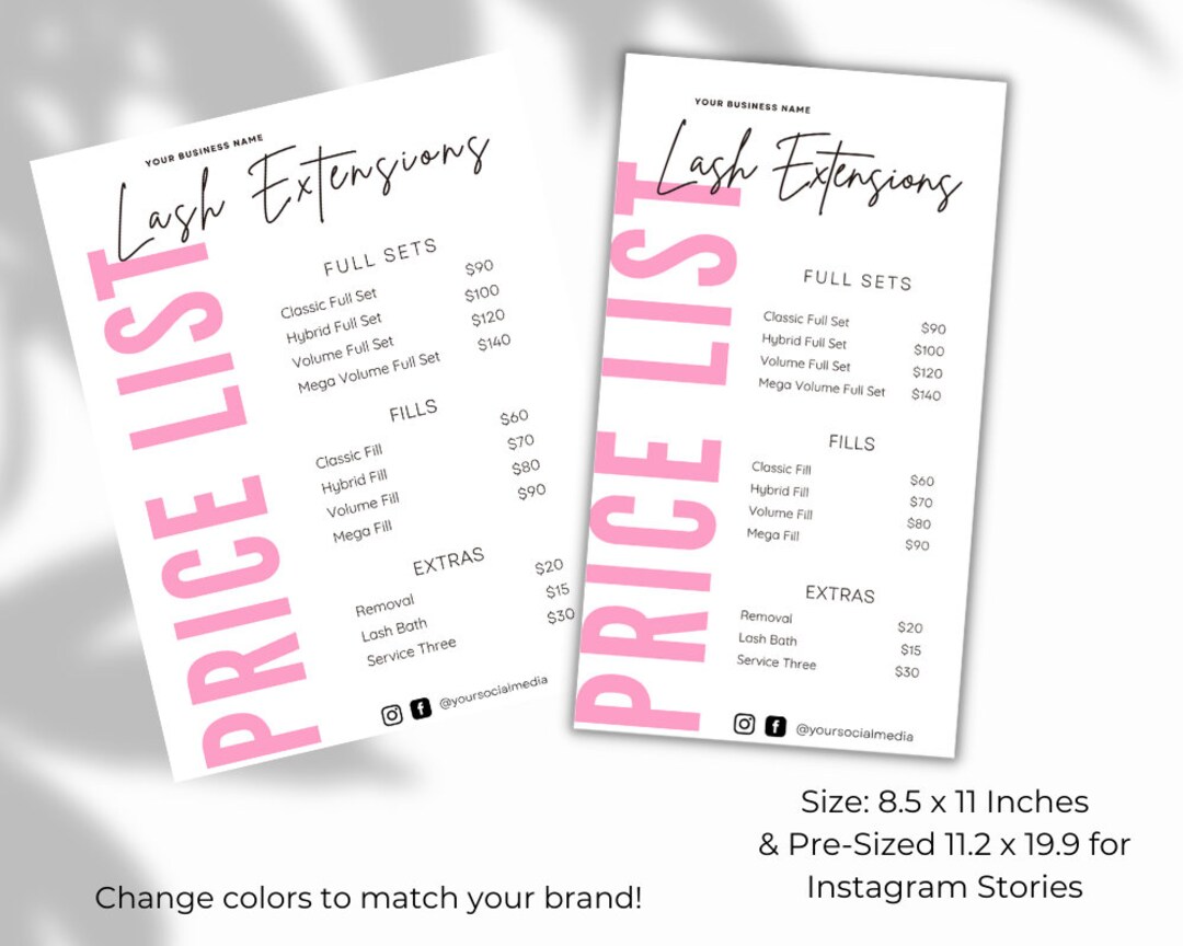 Lash Price List Template, Lash Extensions Forms, Lash List Templates ...