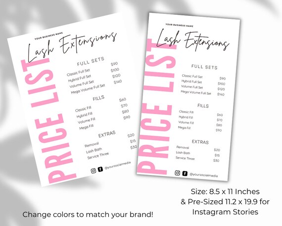 Lash Price List Template Lash Extensions Forms Lash List - Etsy