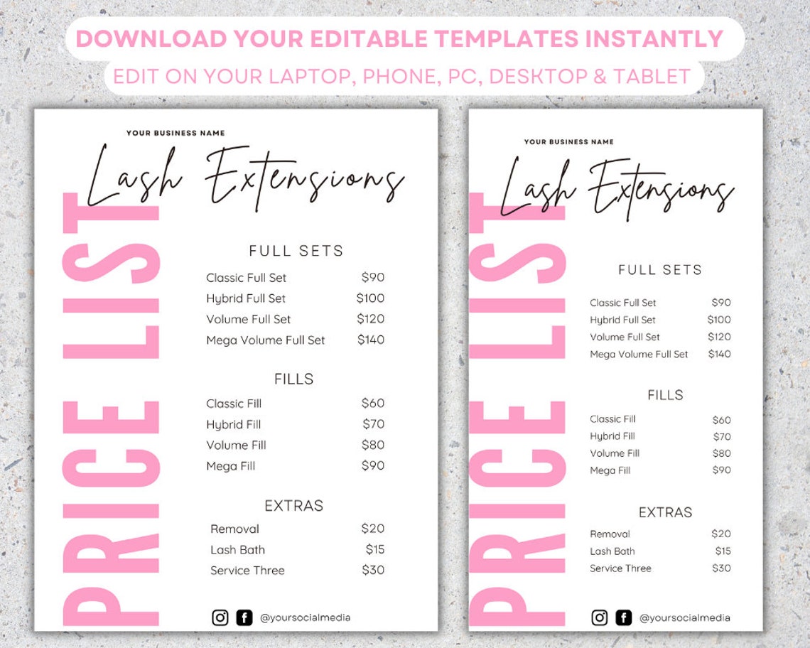 Lash Price List Template Lash Extensions Forms Lash List - Etsy
