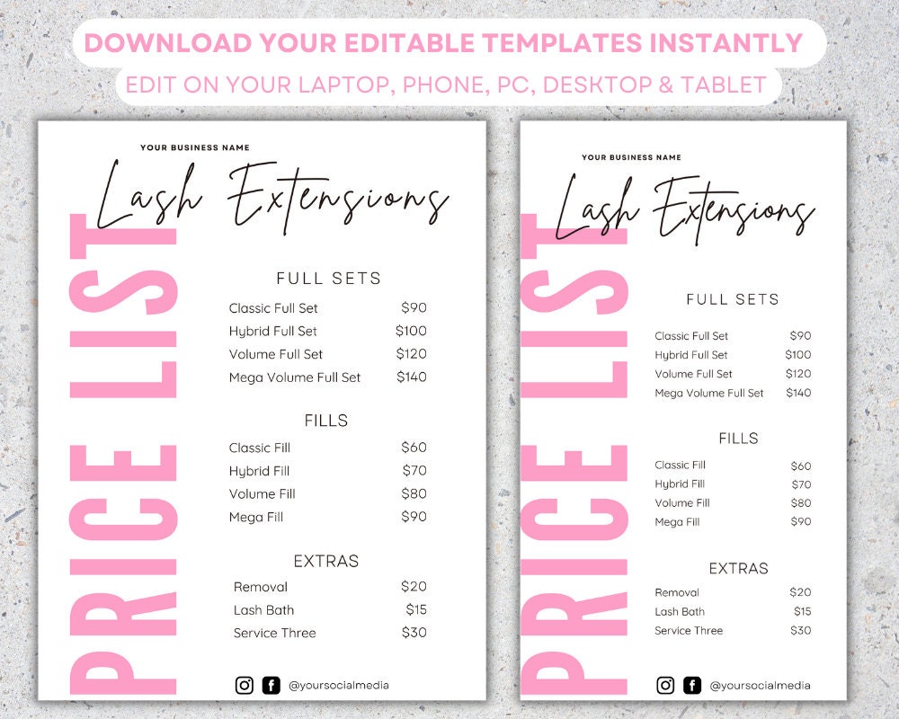Lash Price List Template Lash Extensions Forms Lash List - Etsy