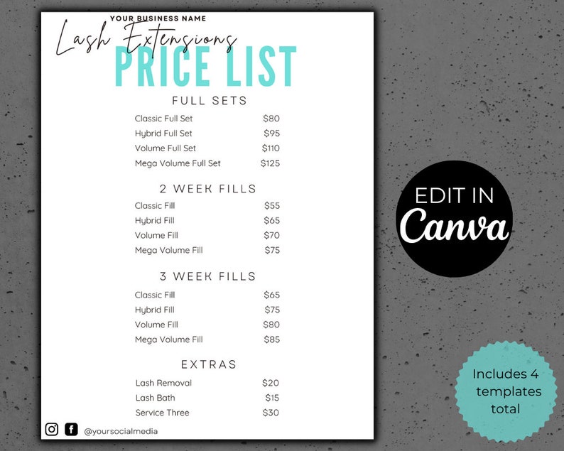 Lash Price List Template, Price List for Esthetician, Price List ...