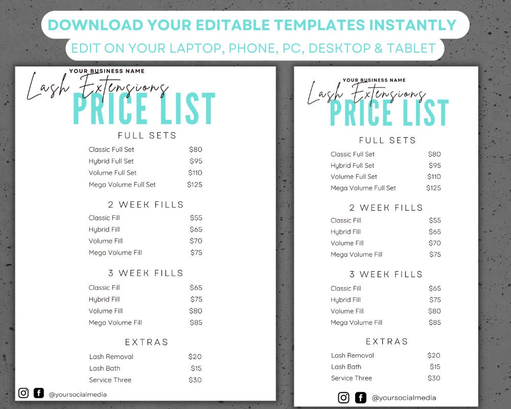 Lash Price List Template, Price List for Esthetician, Price List ...