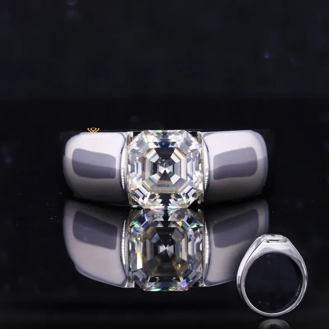 Classic Men's Solitaire Ring, 3 CT Asscher Cut Colorless Lab Grown ...