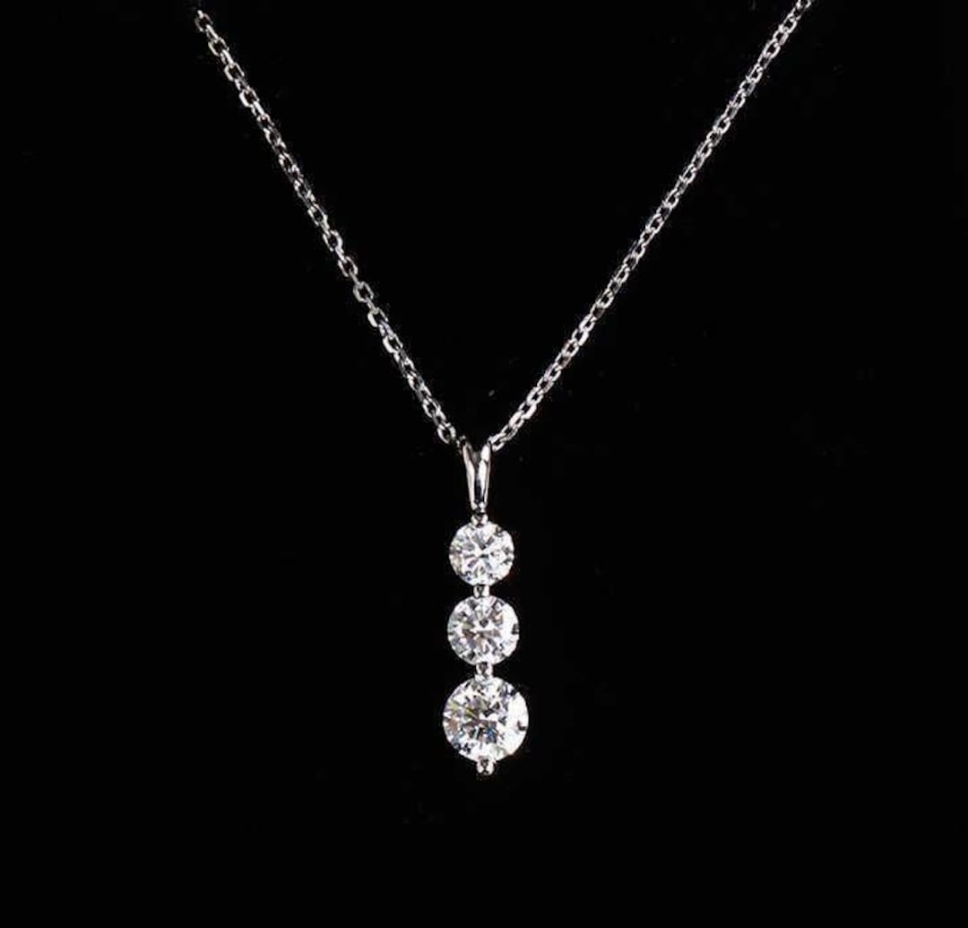 Three Diamond Necklace, 18K White Gold Round Diamond Necklace for Her ...