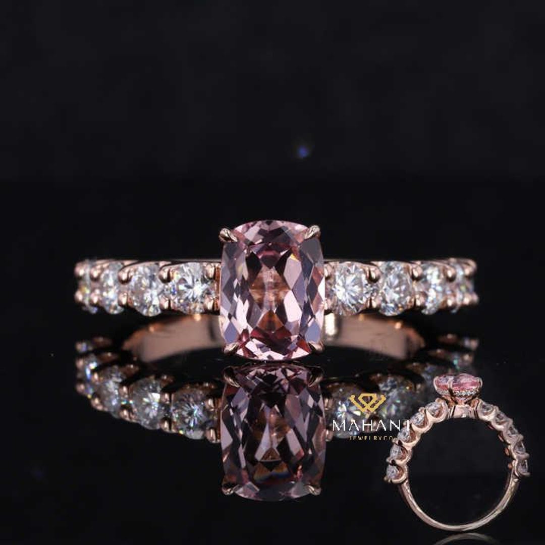 Cushion Cut Padparadscha Sapphire Engagement Ring, Lab Grown Round ...