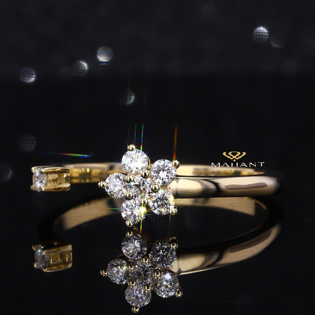 Open Cuff Diamond Ring, Diamond Flower Ring With 18k White Gold ...