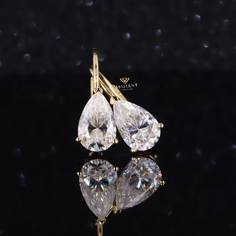 Pear Shaped Diamond Drop Leverback Earrings, Teardrop Earring, Drop ...