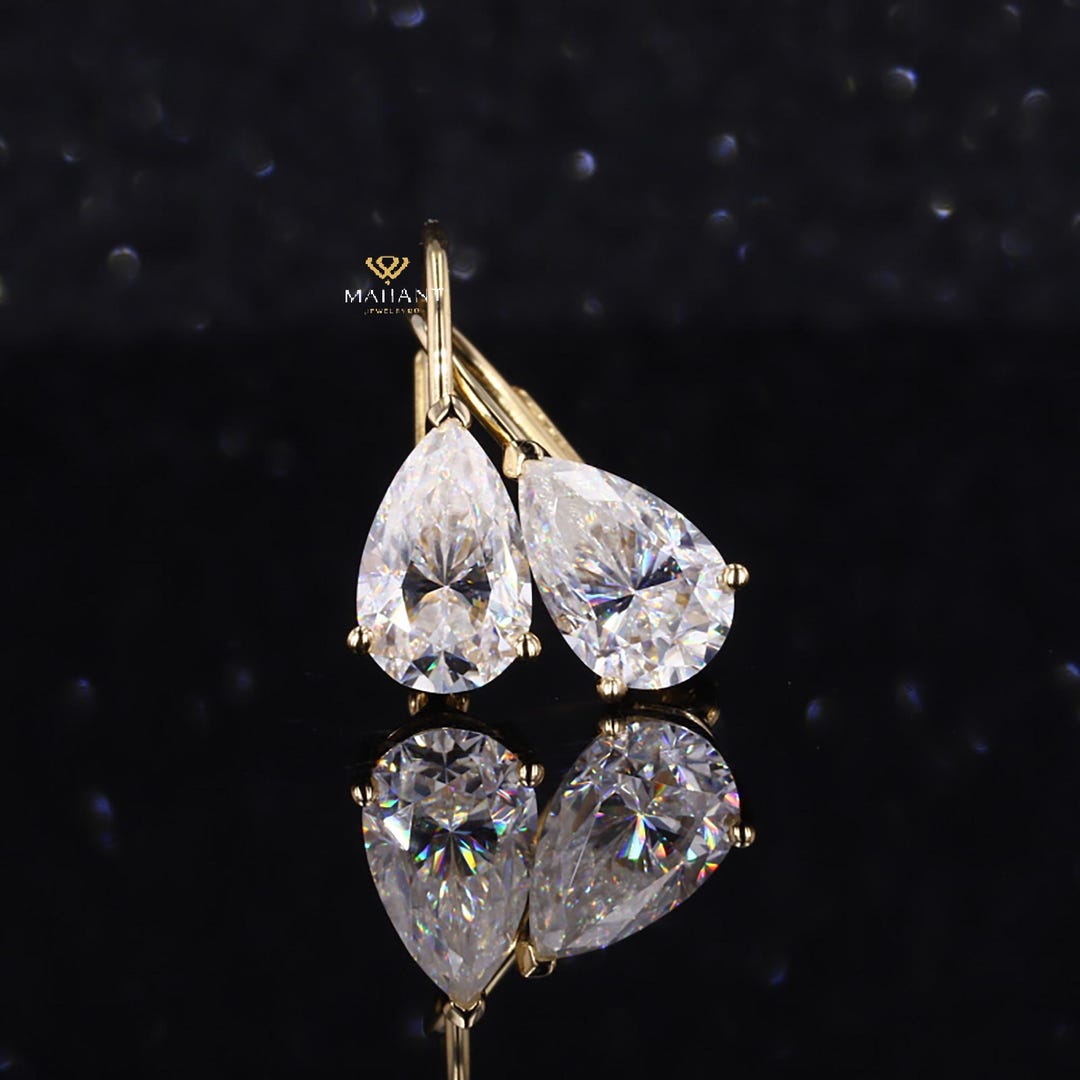 Pear Shaped Diamond Drop Leverback Earrings, Teardrop Earring, Drop ...