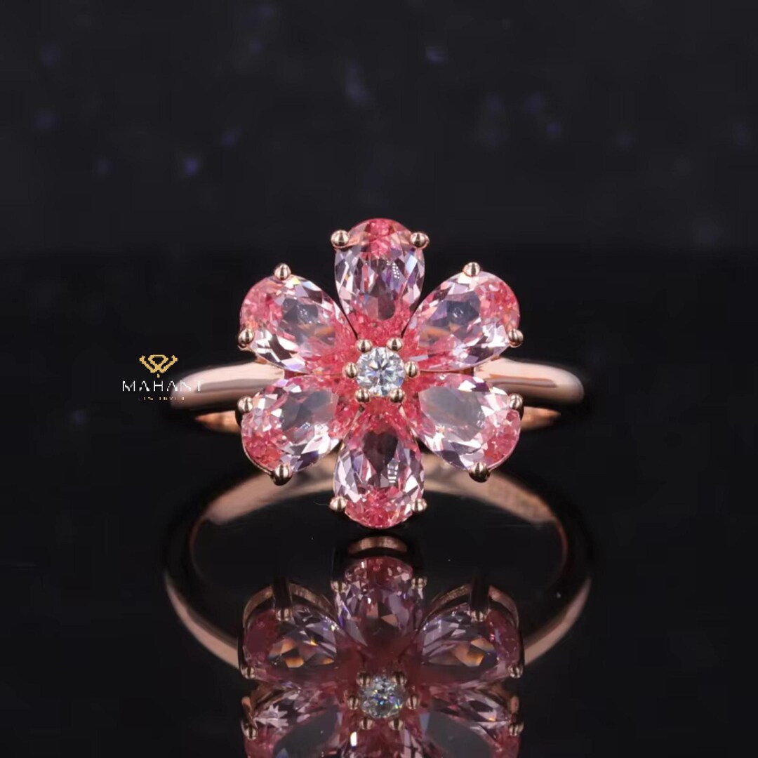 Pink Pear Shaped Flower Engagement Ring, 14k Rose Gold Ring, Art Deco ...